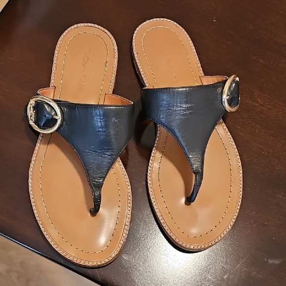 Coach | Shoes | Coach Black Leather Sandals With Silver Medallion ...